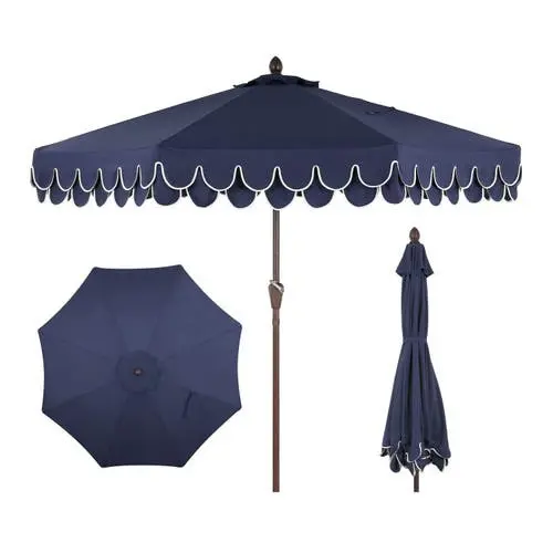 JONATHAN Y Tracy 9 Ft. Classic Midcentury Scalloped Fringe Market Patio Umbrella With Auto-tilt, Crank - Navy