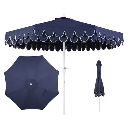 JONATHAN Y Tracy 9 Ft. Classic Midcentury Scalloped Fringe Market Patio Umbrella With Auto-tilt, Crank - Navy//white Pole