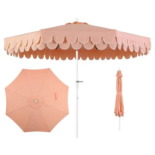 JONATHAN Y Tracy 9 Ft. Classic Midcentury Scalloped Fringe Market Patio Umbrella With Auto-tilt, Crank - Pink/white Pole