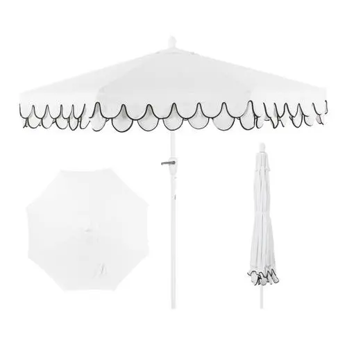 JONATHAN Y Tracy 9 Ft. Classic Midcentury Scalloped Fringe Market Patio Umbrella With Auto-tilt, Crank - White