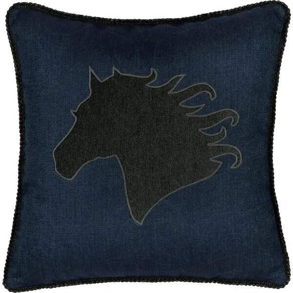 ELAINE SMITH Black Beauty Handmade Velvet Embroidered Applique Indoor & Outdoor Accent Pillow - Denim
