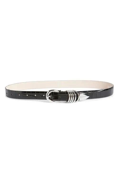 DEHANCHE Hollyhock Croc Embossed Patent Leather Belt - Black Croco/ Silver