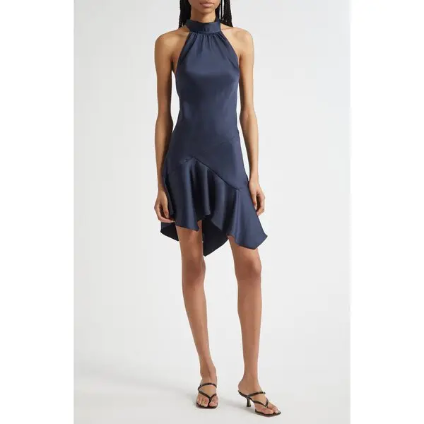 Ramy Brook Nari Asymmetric Flounce Halter Mini Dress - Navy | Editorialist