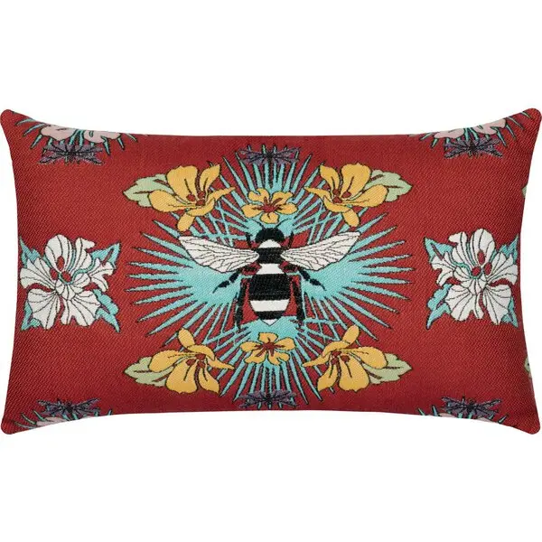 ELAINE SMITH Tropical Bee Jacquard Chenille Accented Indoor & Outdoor Woven Accent Pillow - Red