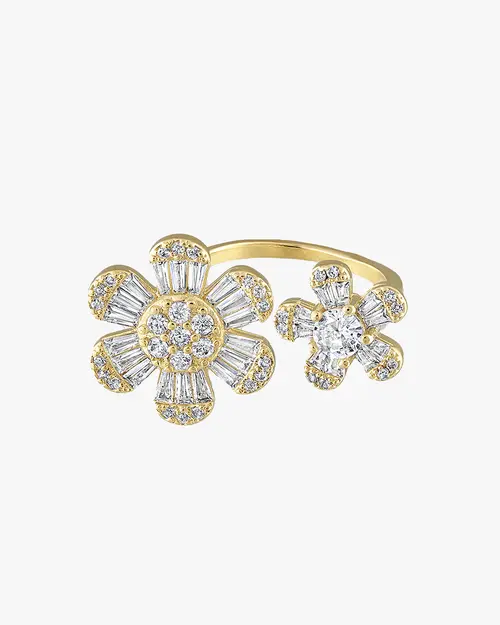 Ben Oni Pave And Baguette Cz Flower Ring - Gold