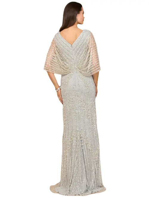 LARA NEW YORK Beaded Lace Cape Sleeve Mermaid Gown - Grey