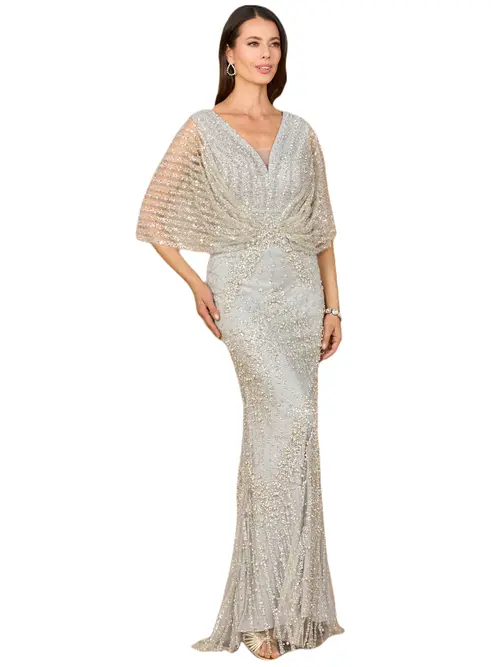LARA NEW YORK Beaded Lace Cape Sleeve Mermaid Gown - Grey