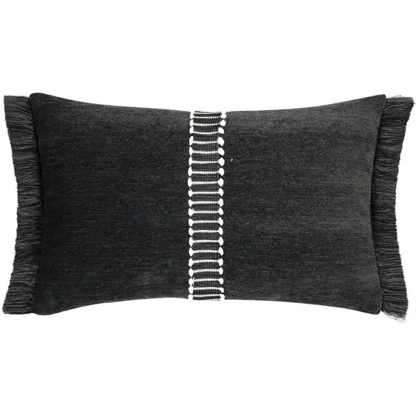 ELAINE SMITH Luxe Velour Chenille With Decorative Tape Indoor & Outdoor Woven Accent Pillow - Charcoal