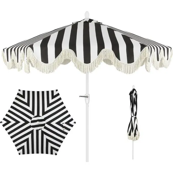 JONATHAN Y Collins 9 Ft. Classic Cottage Fringe Tassel Market Patio Umbrella With Auto-tilt Crank - Black/white - White Pole
