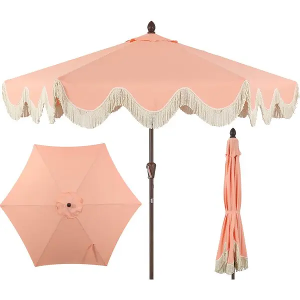 JONATHAN Y Collins 9 Ft. Classic Cottage Fringe Tassel Market Patio Umbrella With Auto-tilt Crank - Coral Pink/cream