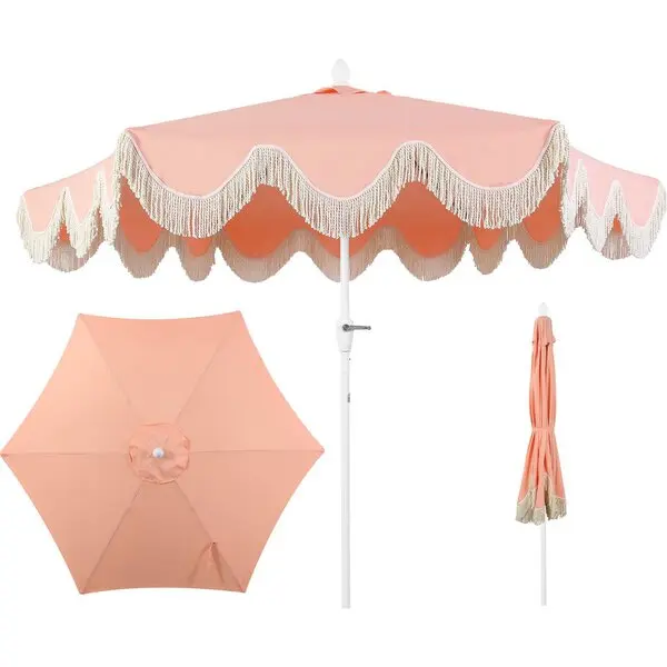 JONATHAN Y Collins 9 Ft. Classic Cottage Fringe Tassel Market Patio Umbrella With Auto-tilt Crank - Coral Pink/white Pole