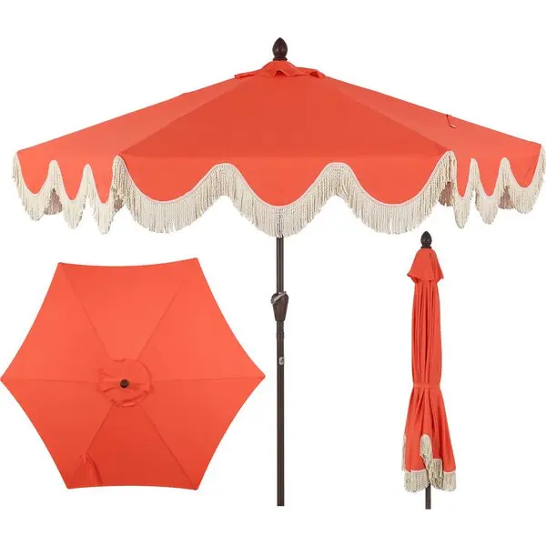 JONATHAN Y Collins 9 Ft. Classic Cottage Fringe Tassel Market Patio Umbrella With Auto-tilt Crank - Coral Red/cream