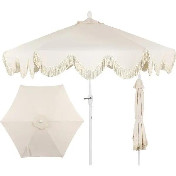JONATHAN Y Collins 9 Ft. Classic Cottage Fringe Tassel Market Patio Umbrella With Auto-tilt Crank - Cream/cream