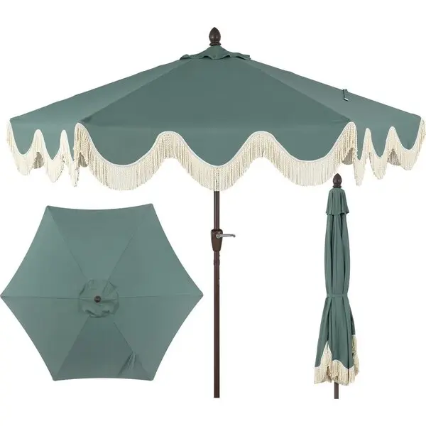 JONATHAN Y Collins 9 Ft. Classic Cottage Fringe Tassel Market Patio Umbrella With Auto-tilt Crank - Green/cream