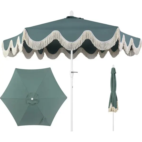 JONATHAN Y Collins 9 Ft. Classic Cottage Fringe Tassel Market Patio Umbrella With Auto-tilt Crank - Green/white Pole