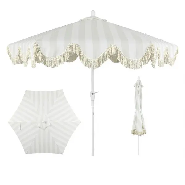JONATHAN Y Collins 9 Ft. Classic Cottage Fringe Tassel Market Patio Umbrella With Auto-tilt Crank - Light Gray - White Pole