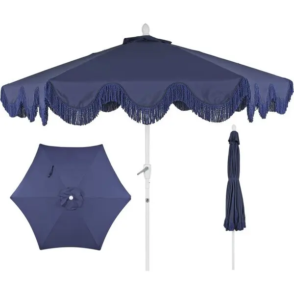 JONATHAN Y Collins 9 Ft. Classic Cottage Fringe Tassel Market Patio Umbrella With Auto-tilt Crank - Navy/blue - White Pole