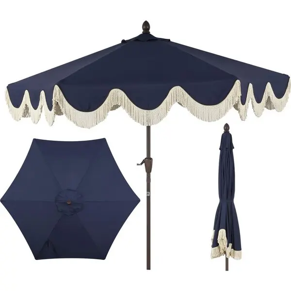 JONATHAN Y Collins 9 Ft. Classic Cottage Fringe Tassel Market Patio Umbrella With Auto-tilt Crank - Navy/cream