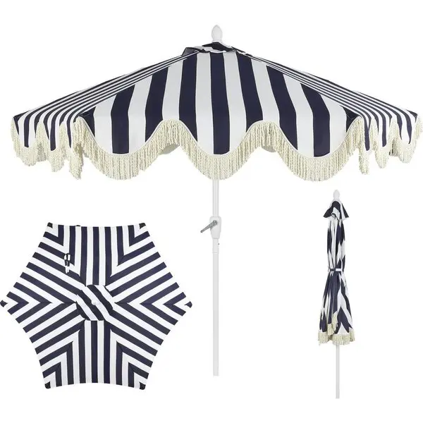 JONATHAN Y Collins 9 Ft. Classic Cottage Fringe Tassel Market Patio Umbrella With Auto-tilt Crank - Navy/white - White Pole