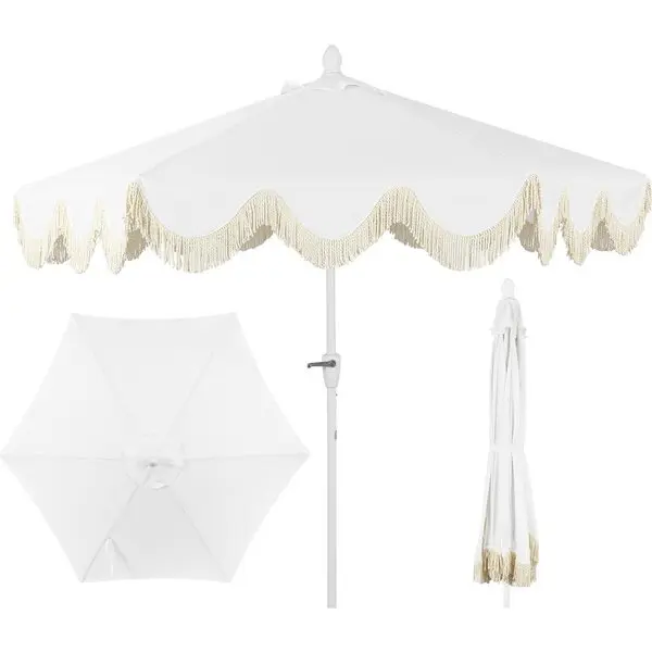 JONATHAN Y Collins 9 Ft. Classic Cottage Fringe Tassel Market Patio Umbrella With Auto-tilt Crank - White