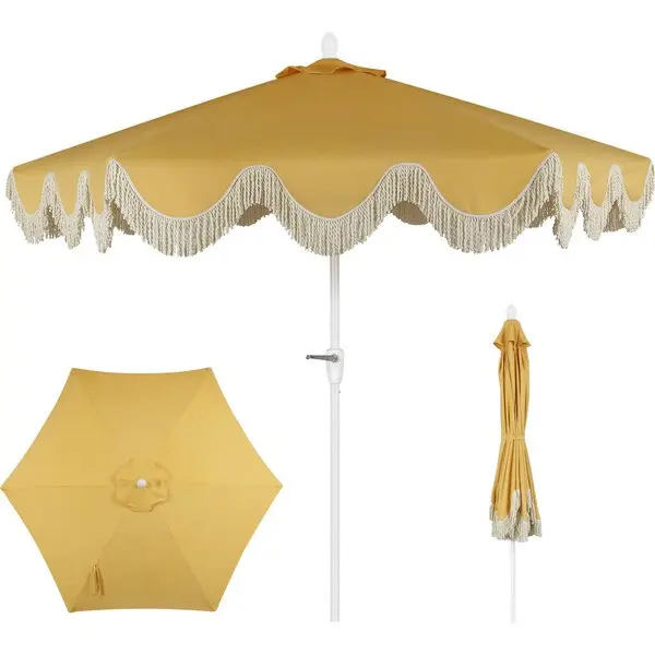 JONATHAN Y Collins 9 Ft. Classic Cottage Fringe Tassel Market Patio Umbrella With Auto-tilt Crank - Yellow/cream - White Pole