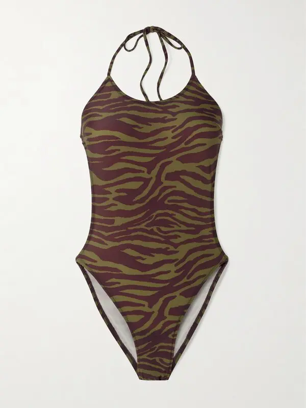 Attico Zebra-print Halterneck Swimsuit - Green