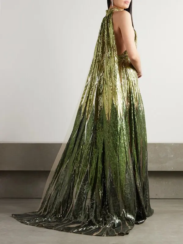 Elie Saab Cape-Effect Embroidered Sequined Tulle Halterneck Gown In Green -  50% Off | Editorialist