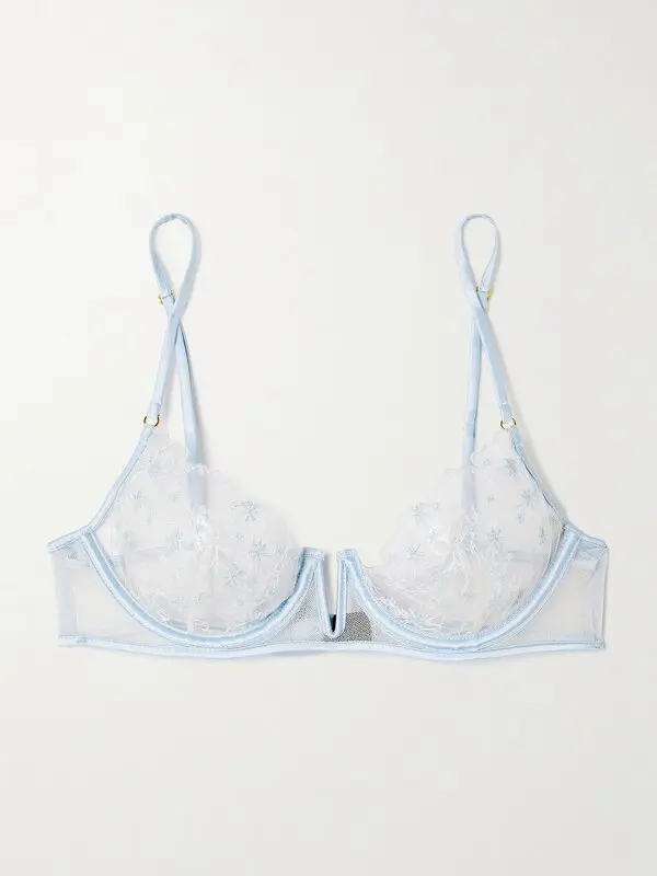 Kiki De Montparnasse Mathilde Silk-blend Satin-trimmed Embroidered Tulle Underwired Bra - Blue
