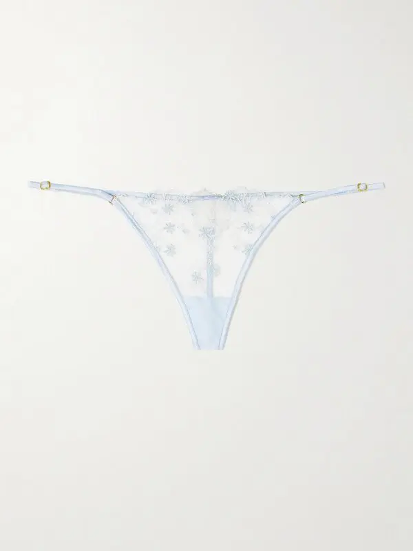 Kiki De Montparnasse Mathilde Silk-blend Satin-trimmed Embroidered Tulle Thong - Neutrals