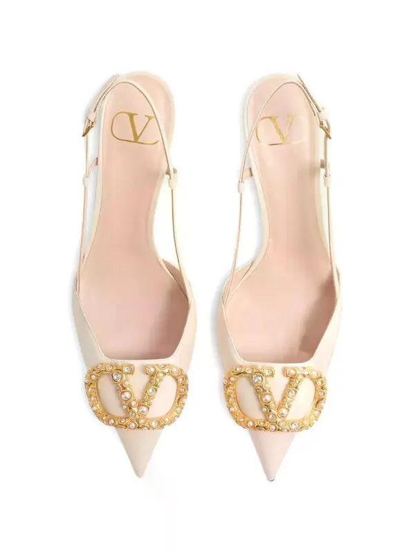 Valentino Garavani Vlogo Signature Slingback Calfskin Pumps With Jewel Embellishment - Neutrals