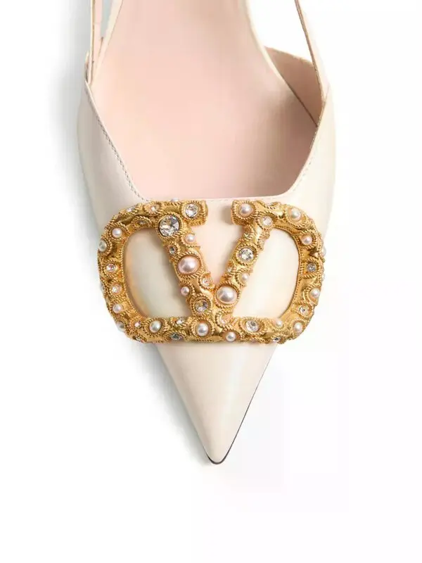 Valentino Garavani Vlogo Signature Slingback Calfskin Pumps With Jewel Embellishment - Neutrals