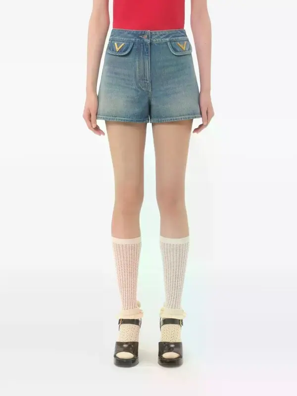 Valentino Garavani Denim Shorts With V Gold Button
