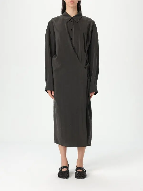 LEMAIRE Long Sleeve Collared Wrap Dress - Coffee