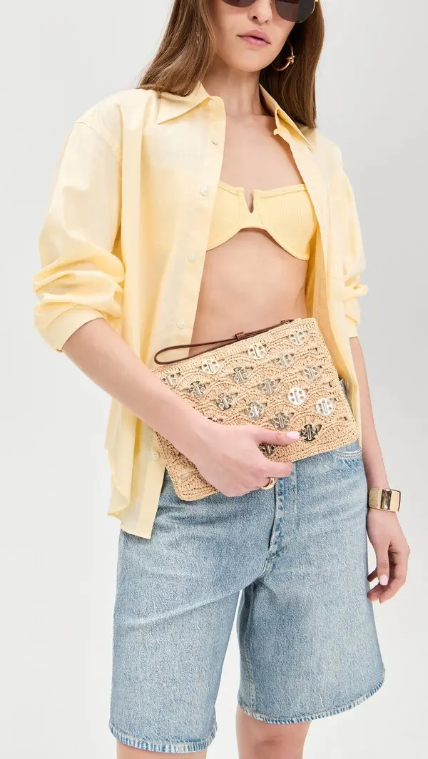 Rabanne Raffia Pouch With Leather Top Handle - Gold