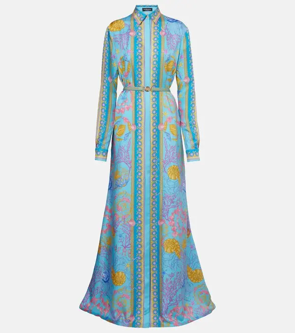 Versace Underwater Barocco Silk Twill Maxi Dress - Blue