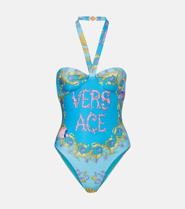 Versace Printed Halterneck Swimsuit - Turquoise