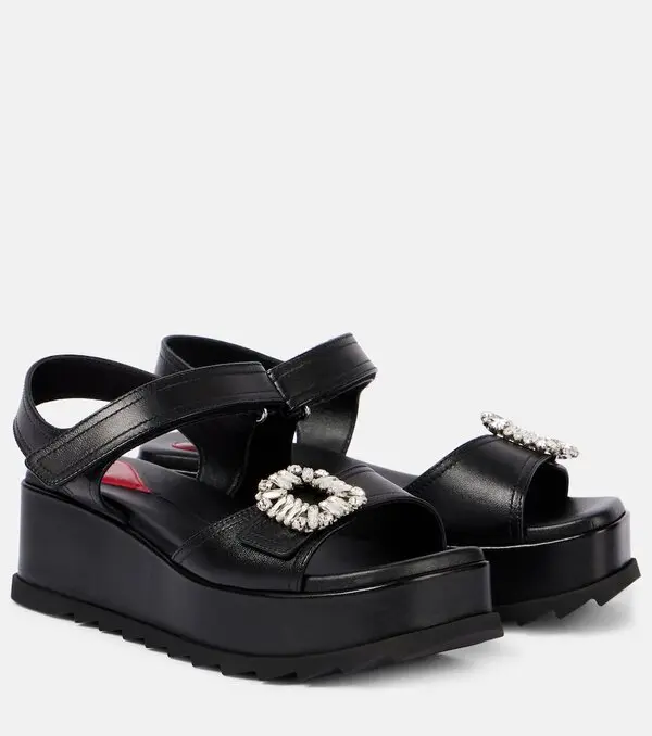 ROGER VIVIER Slidy Viv Embellished Leather Wedge Sandals - Black