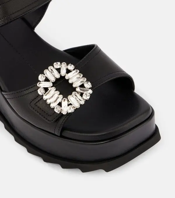 ROGER VIVIER Slidy Viv Embellished Leather Wedge Sandals - Black