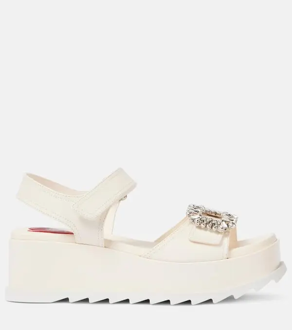 ROGER VIVIER Slidy Viv' Embellished Leather Wedge Sandals - White