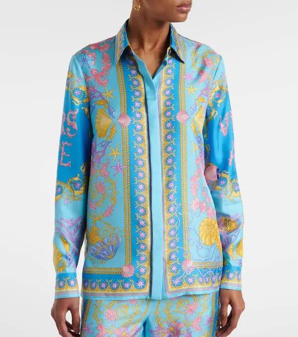 Versace Underwater Barocco Silk Twill Shirt - Blue