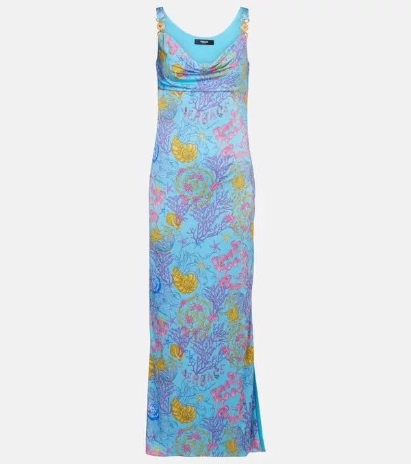 Versace Underwater Barocco Draped Jersey Gown - Blue