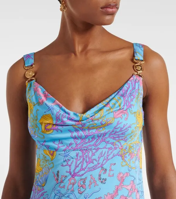 Versace Underwater Barocco Draped Jersey Gown