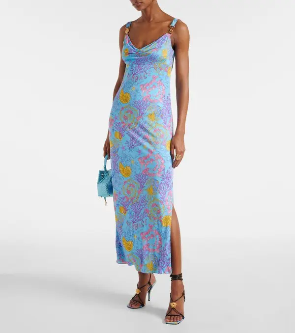 Versace Underwater Barocco Draped Jersey Gown