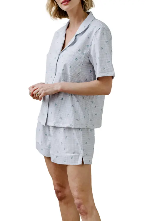 NOON Stretch Cotton Short Pajama Set - Blue Floral Gingham