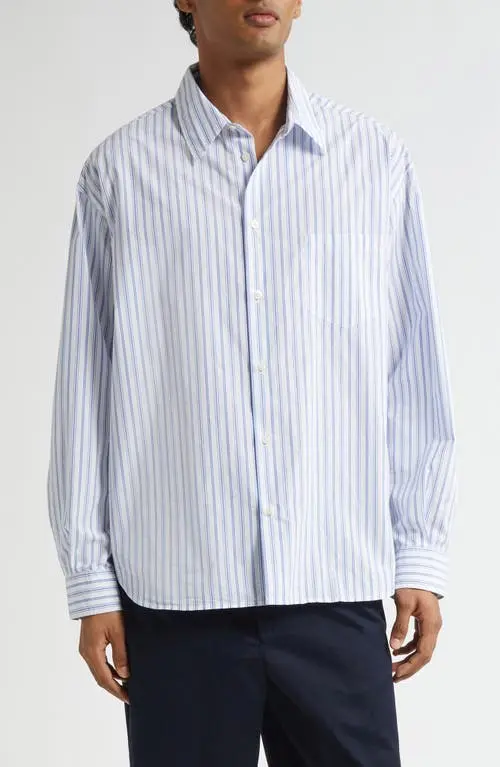 NOAH Oversize Cotton Poplin Button-up Shirt - White/ Blue