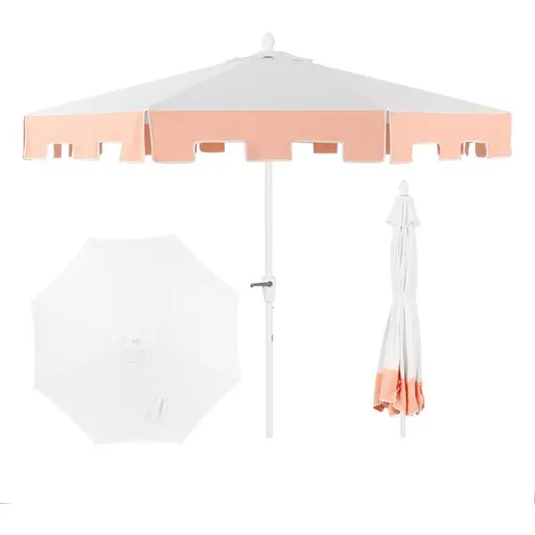 JONATHAN Y Baiona 9 Ft. Classic Midcentury Market Patio Umbrella With Uv Protection, Auto-tilt - White/coral Pink
