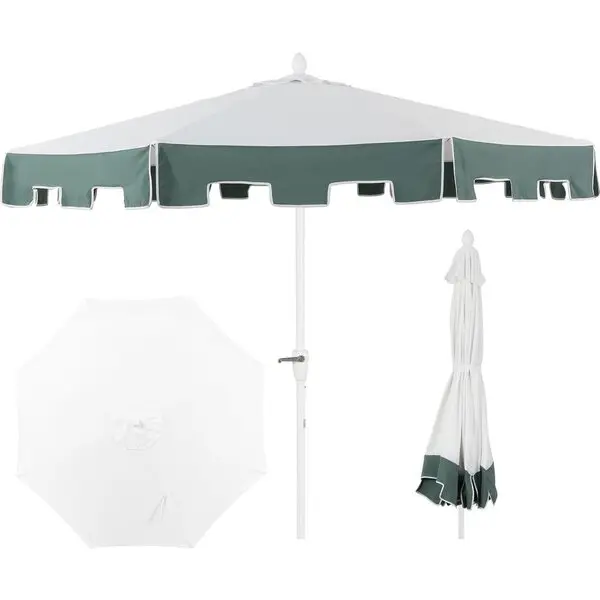 JONATHAN Y Baiona 9 Ft. Classic Midcentury Market Patio Umbrella With Uv Protection, Auto-tilt - White/green