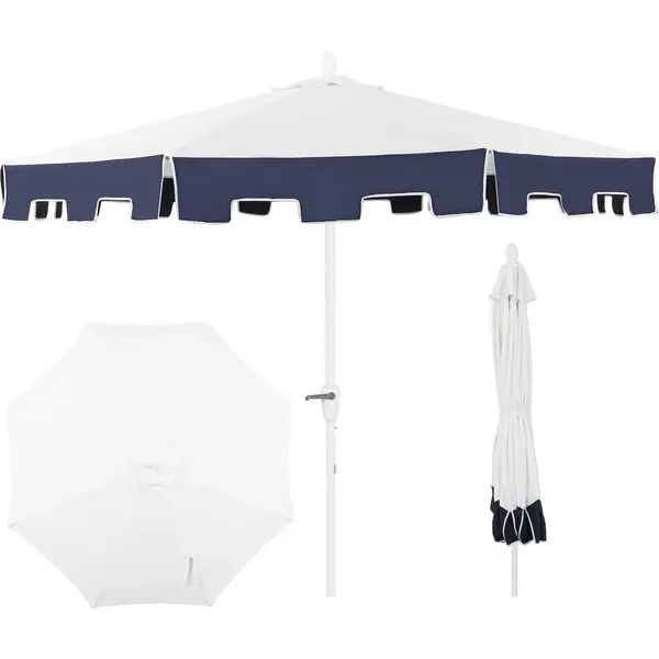 JONATHAN Y Baiona 9 Ft. Classic Midcentury Market Patio Umbrella With Uv Protection, Auto-tilt - White/navy