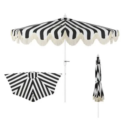 JONATHAN Y Beverly 9 Ft. Designer Classic Scalloped Fringe Half Market Patio Umbrella With Crank - Black/white Pole