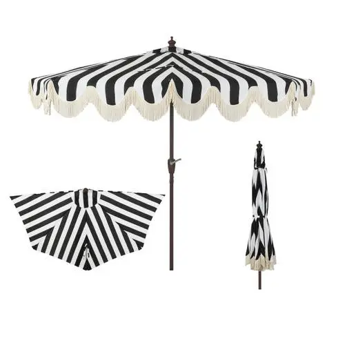 JONATHAN Y Beverly 9 Ft. Designer Classic Scalloped Fringe Half Market Patio Umbrella With Crank - Black/white